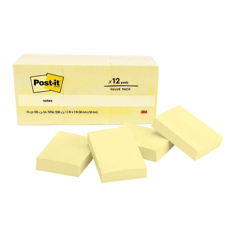 Post-it Notes Yellow 653-Y 36x48mm 100 Sheet Pad Pack 12